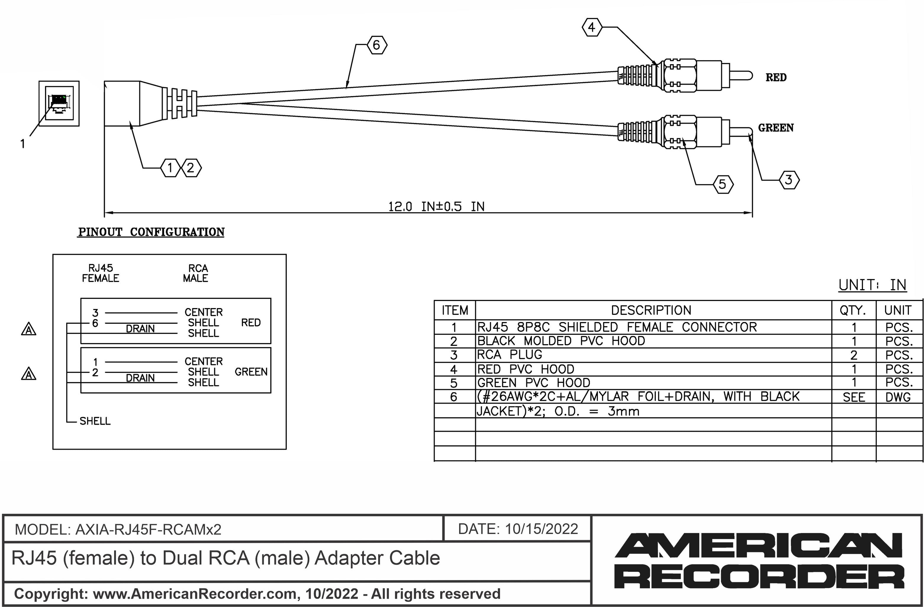 RJ45 (female) to Dual RCA (male) Adapter Cable for AXIA — AMERICAN ...